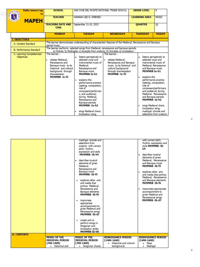 Q1 Grade 9 Music DLL Week 1 | PDF | Gregorian Chant | Rubric (Academic)