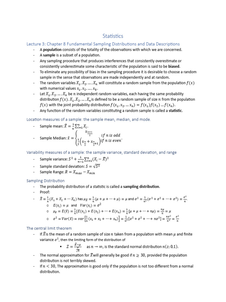 Statistics Lecture 3 Summary | PDF
