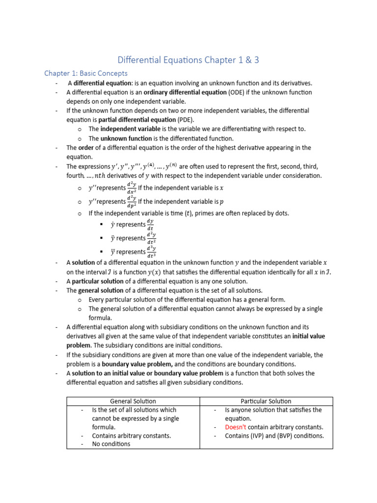 Differential Equations CH. 1 & 3 Summary | PDF