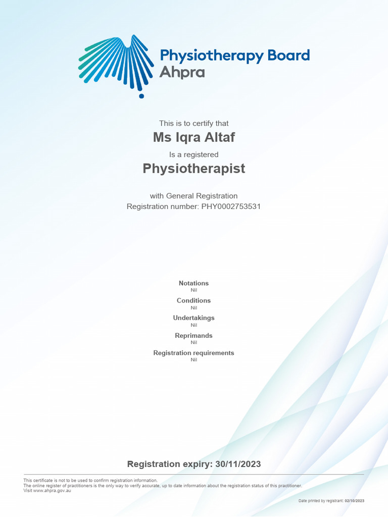 Certificate of Registration - Ms Iqra Altaf | PDF