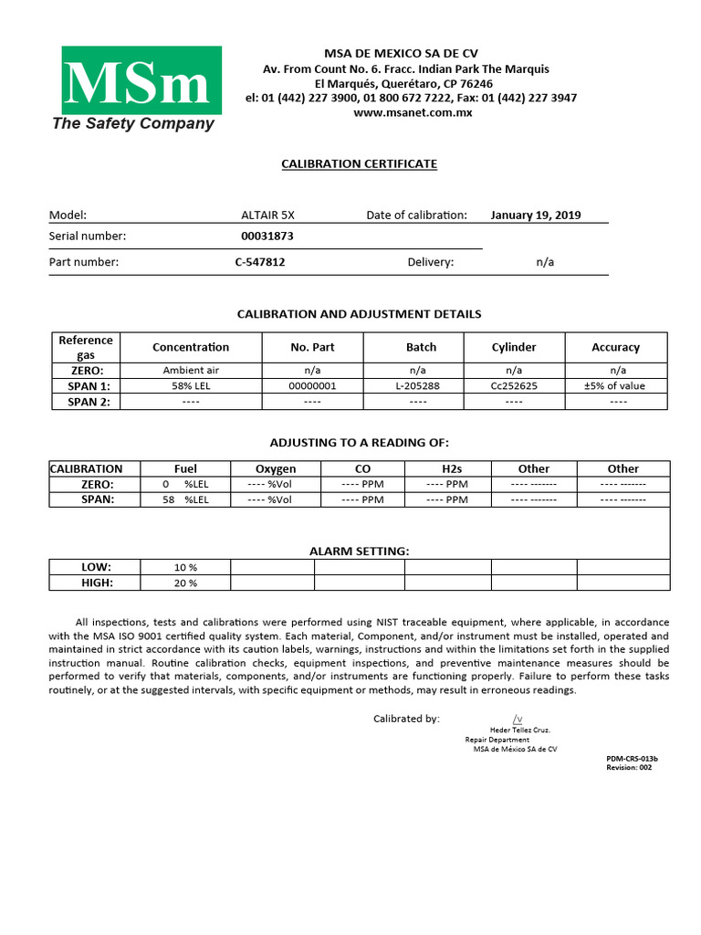 MSA Explosimeter Certificate 2019 PDF | PDF | Calibration