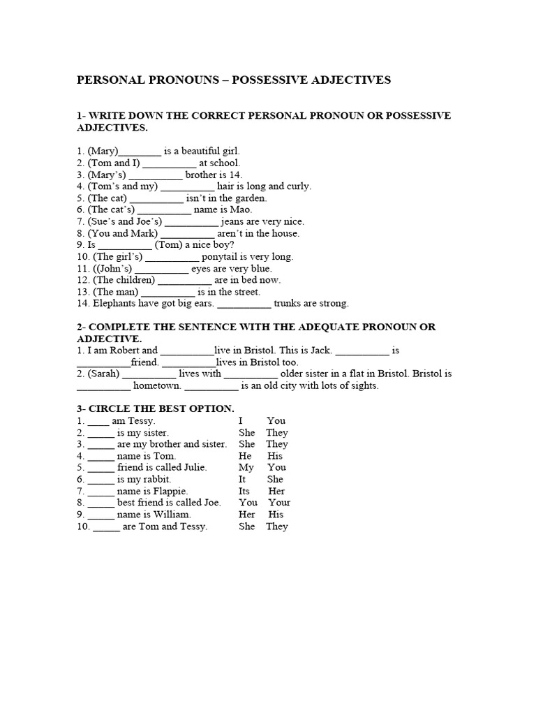 Personal Pronouns & Possessive Adjectives | PDF | Language Arts ...