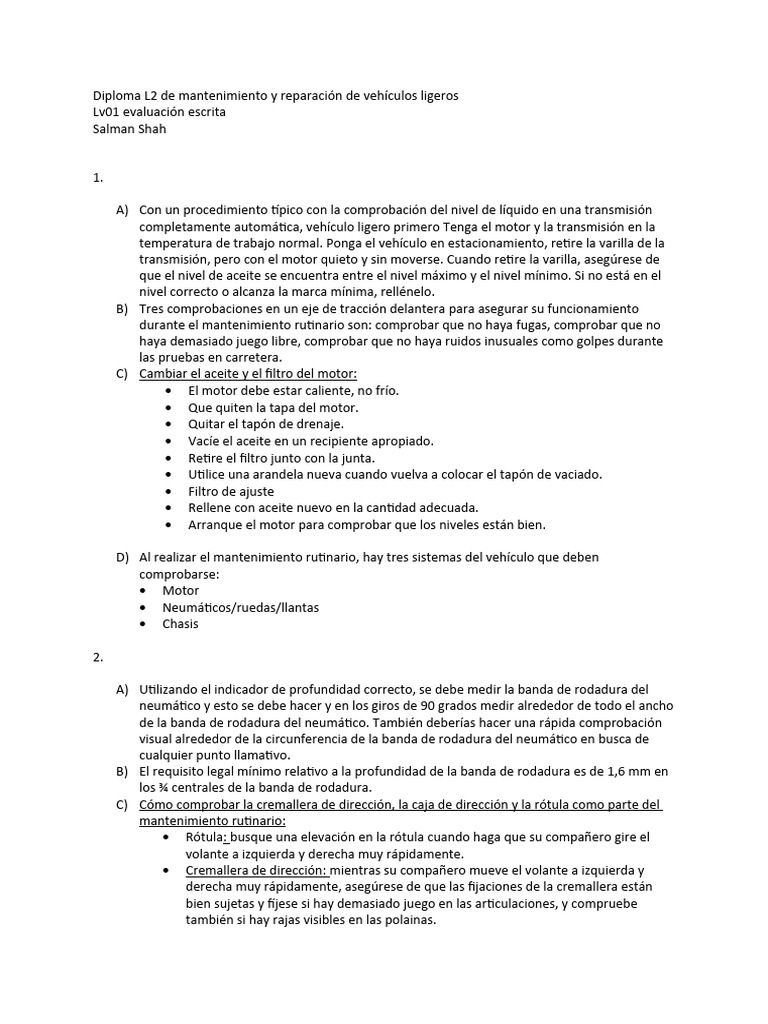 Evaluación Escrita lv01 | PDF | Neumático | Tecnologías automotrices