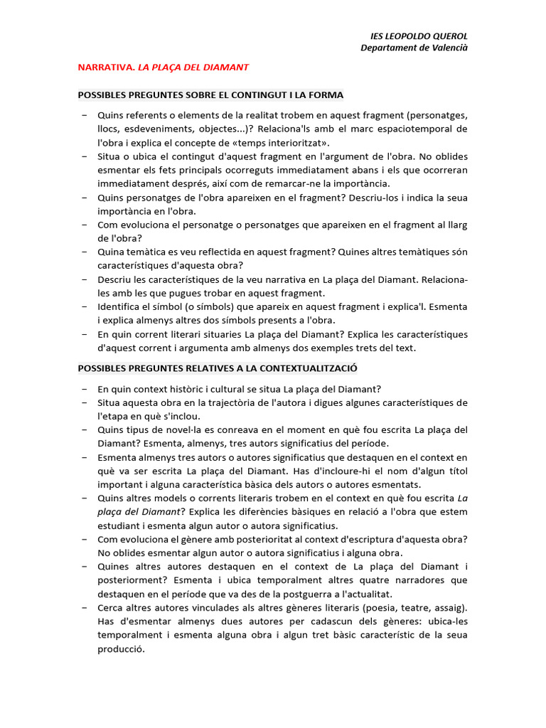 Preguntes Tema 1 Narrativa - Plaça Del Diamant | PDF