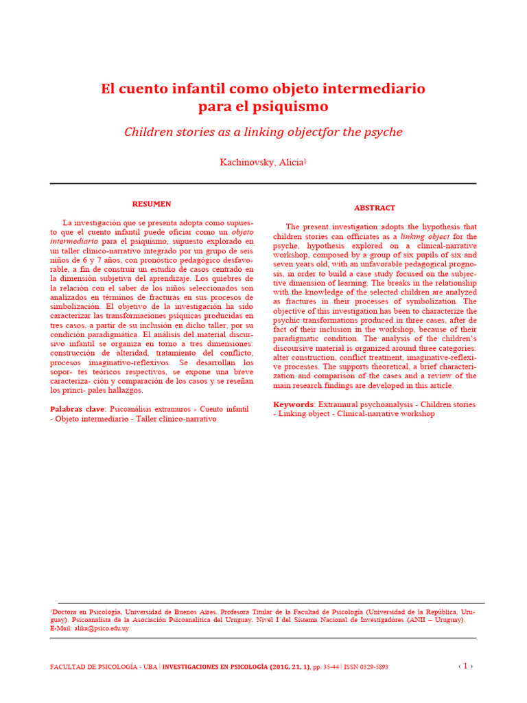 El Cuento Infantil Como Objeto Intermediario Publicado | PDF | Mente inconsciente | Psicoanálisis