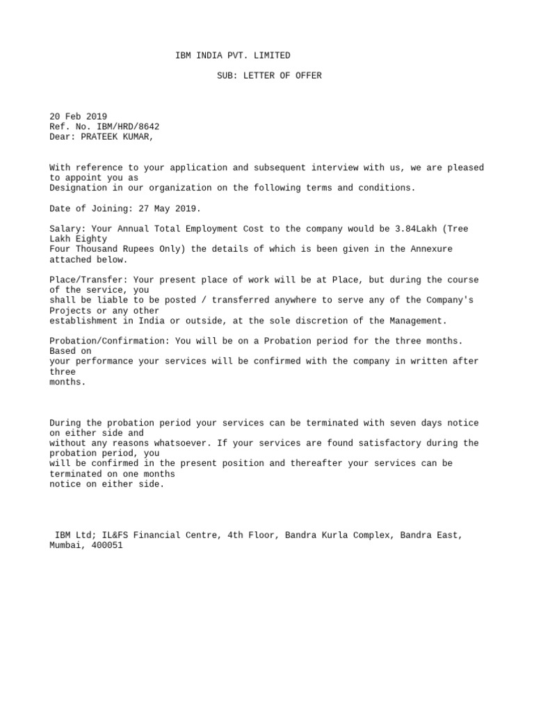 IBM LTD Offer Letter | PDF | Salary | Government