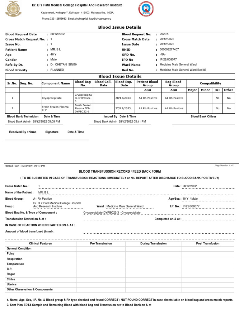 Blood Transfusion Report for MR. B L | PDF | Blood Transfusion | Blood Type