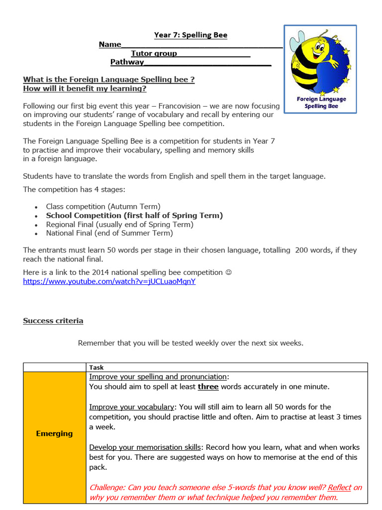 Year 7 Languages Spelling Bee Competition Homework | PDF | Spelling ...