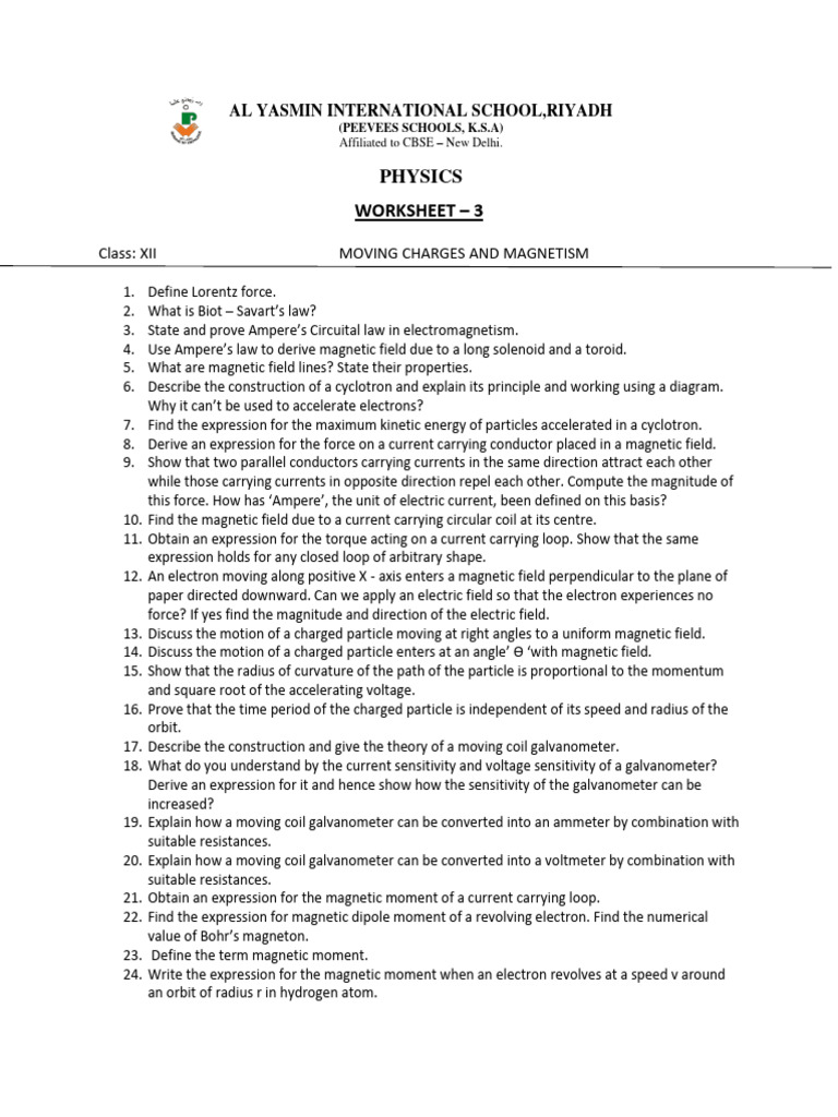 Class XII Physics Worksheet: Magnetism | PDF | Magnetic Field | Force