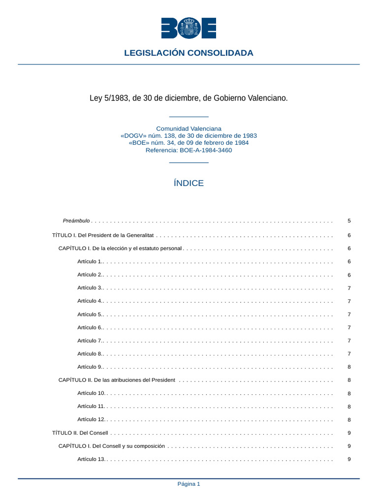 Ley 5 - 1983, de 30 de Diciembre, de Gobierno Valenciano Acotada | PDF ...