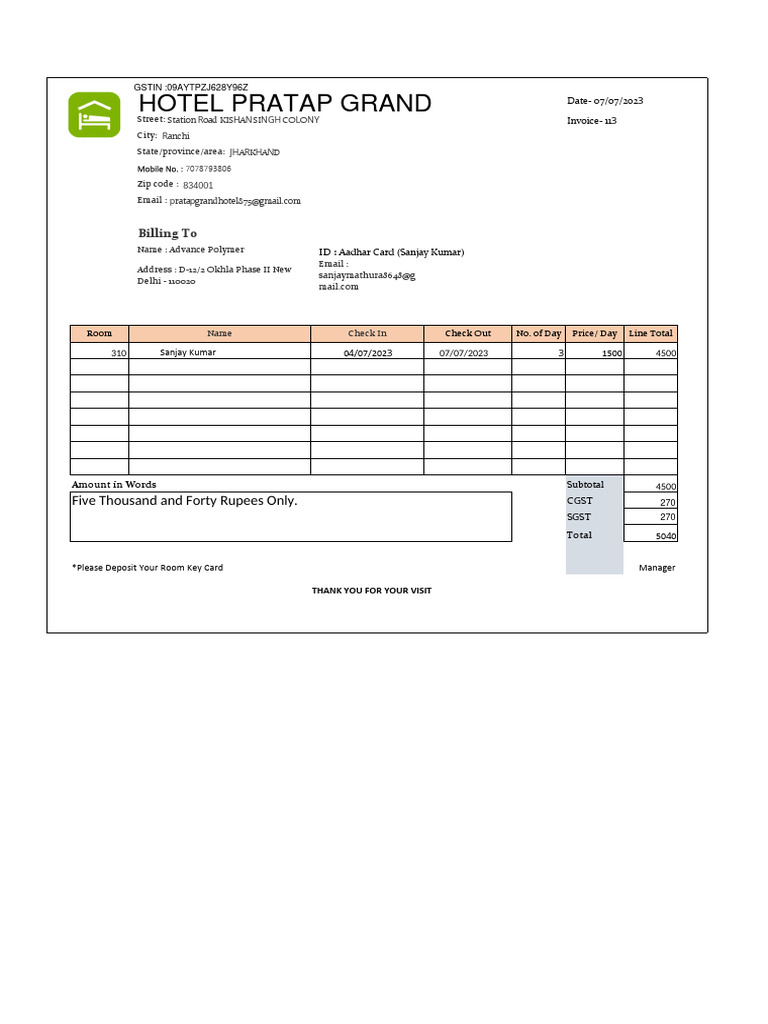 Hotel Bill Format Example | PDF