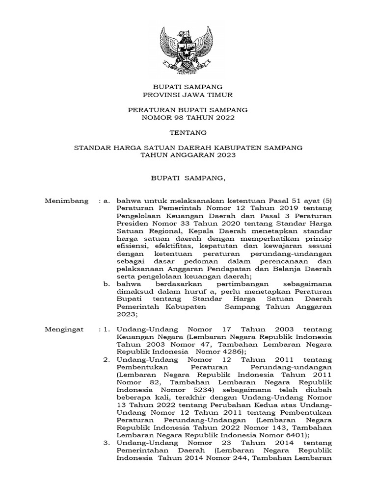 Perbup No 98 Tahun 2022 Tentang Standar Harga Satu | PDF