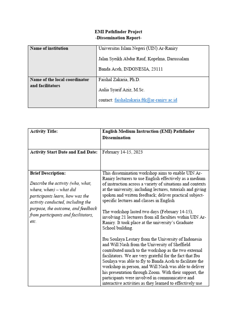 EMI Pathfinder Dissemination Report Template - UIN Ar-Raniry | PDF