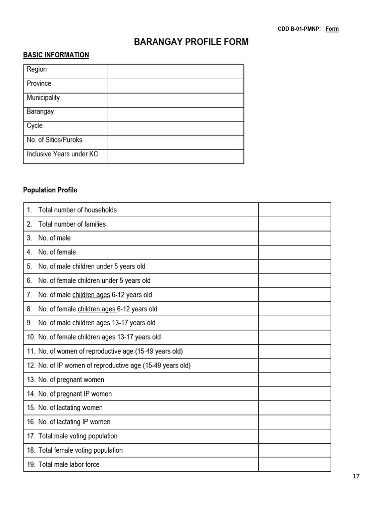 Barangay Profile Form Template | PDF | Sanitation | Poverty