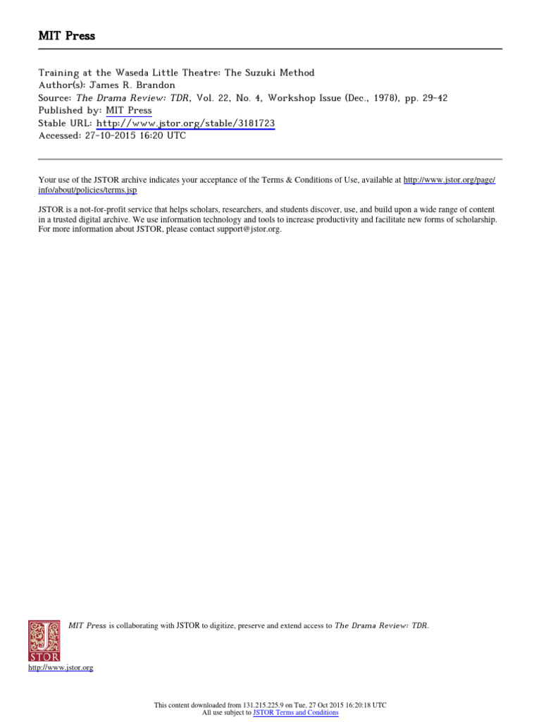 Training at The Waseda Little Theatre: The Suzuki Method | PDF
