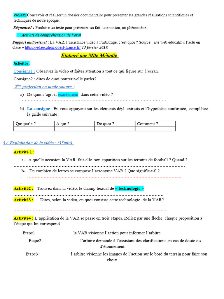Var, Fiche D'apprenantprojet 1 - 2AS Var TALEB Mélodie | PDF