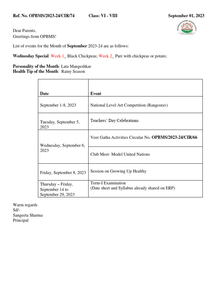 Week 1 Week 2: Ref. No. OPBMS/2023-24/CIR/74 Class: VI - VIII September ...