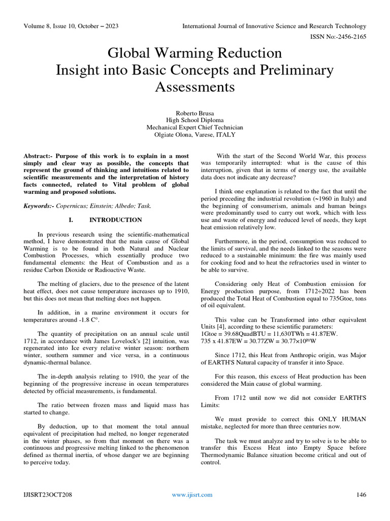Global Warming Reduction Insight Into Basic Concepts and Preliminary ...