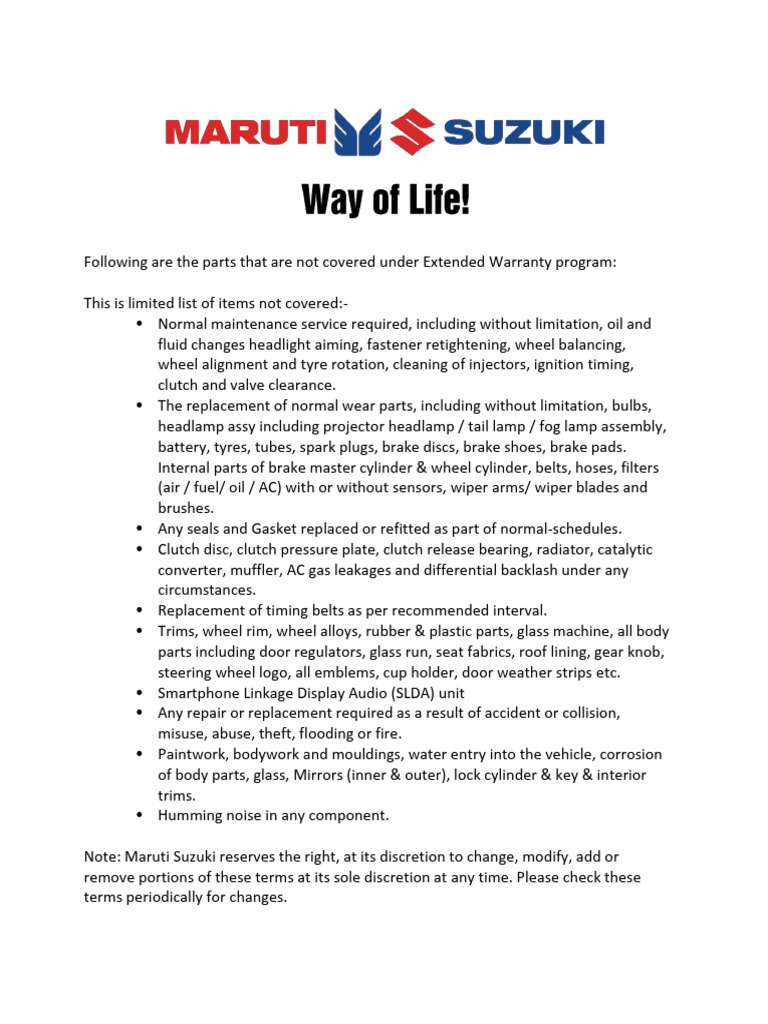 MSIL EW Parts Not Covered | PDF