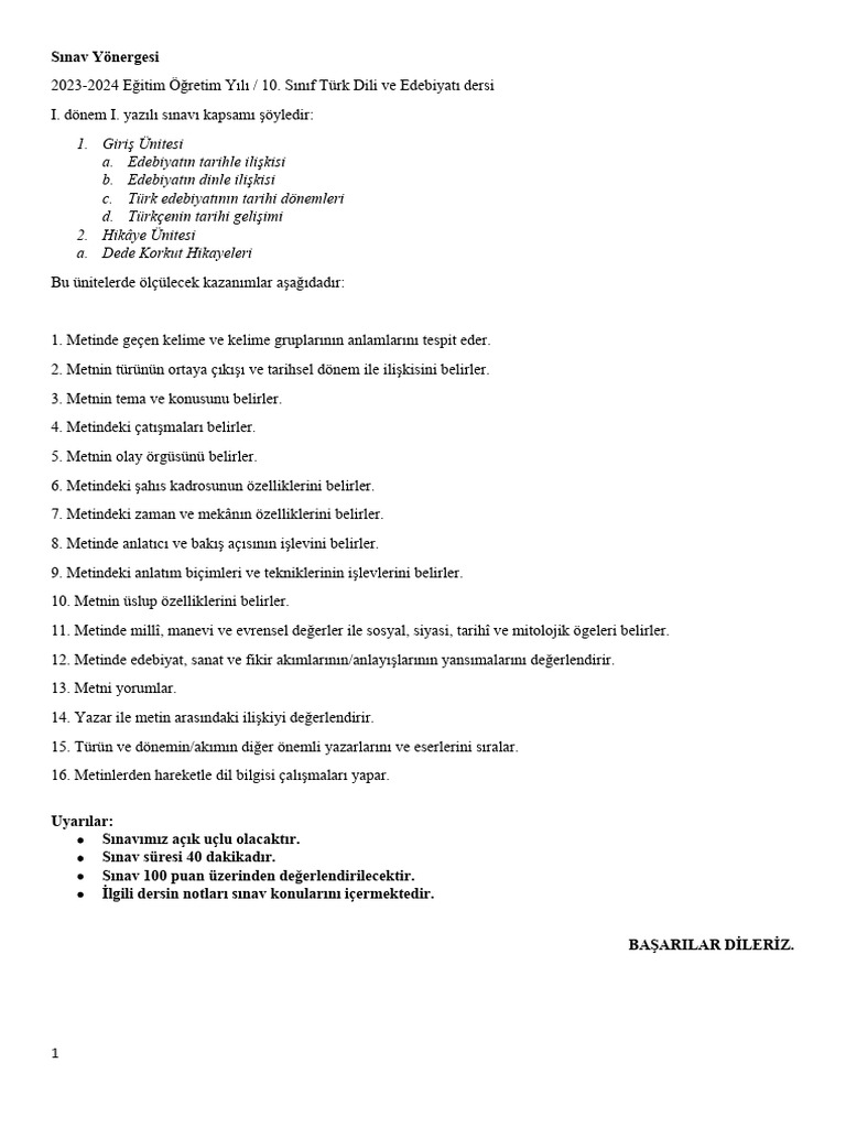 Sinif Turk Dili Ve Edebiyati Dersi I. Donem I. Yazili Sinavinin Kapsami | PDF