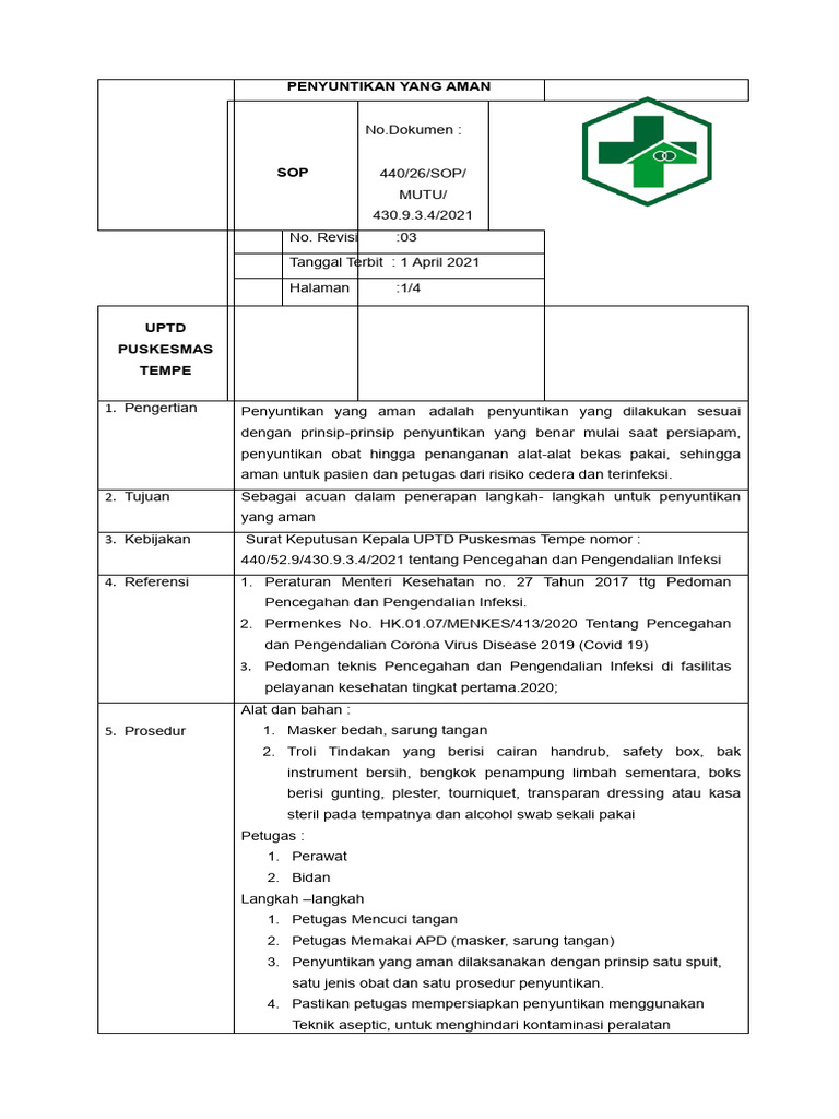 15.sop Penyuntikan Aman Tempe | PDF
