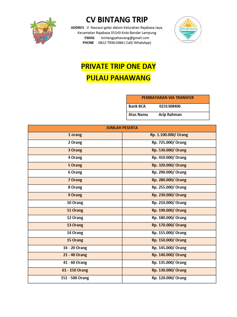 Private 1 Hari Pahawang, CV.Bintang Trip | PDF
