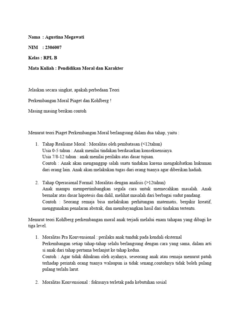 Perbedaan Perkembangan Moral Piaget Dan Kohlberg | PDF