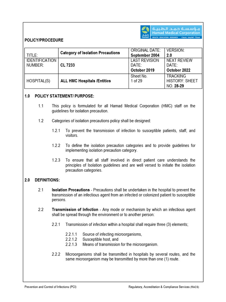 CL 7233 Categories of Isolation | PDF | Infection | Causes Of Death