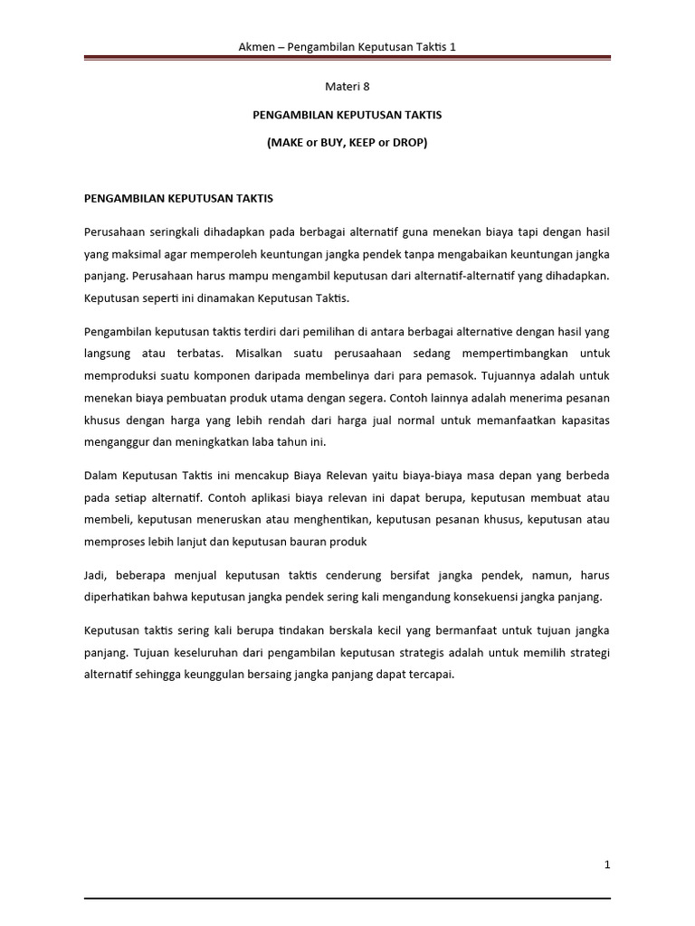 Akmen - 8 - Modul - Pengambilan Keputusan Taktis (Make or Buy, Keep or Drop) | PDF | Pengelolaan ...
