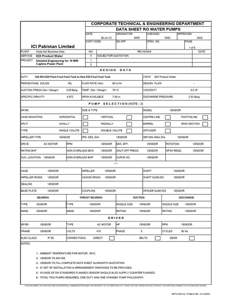 Pumps Sample Data Sheet (By ICI) | PDF | Pump | Electric Motor