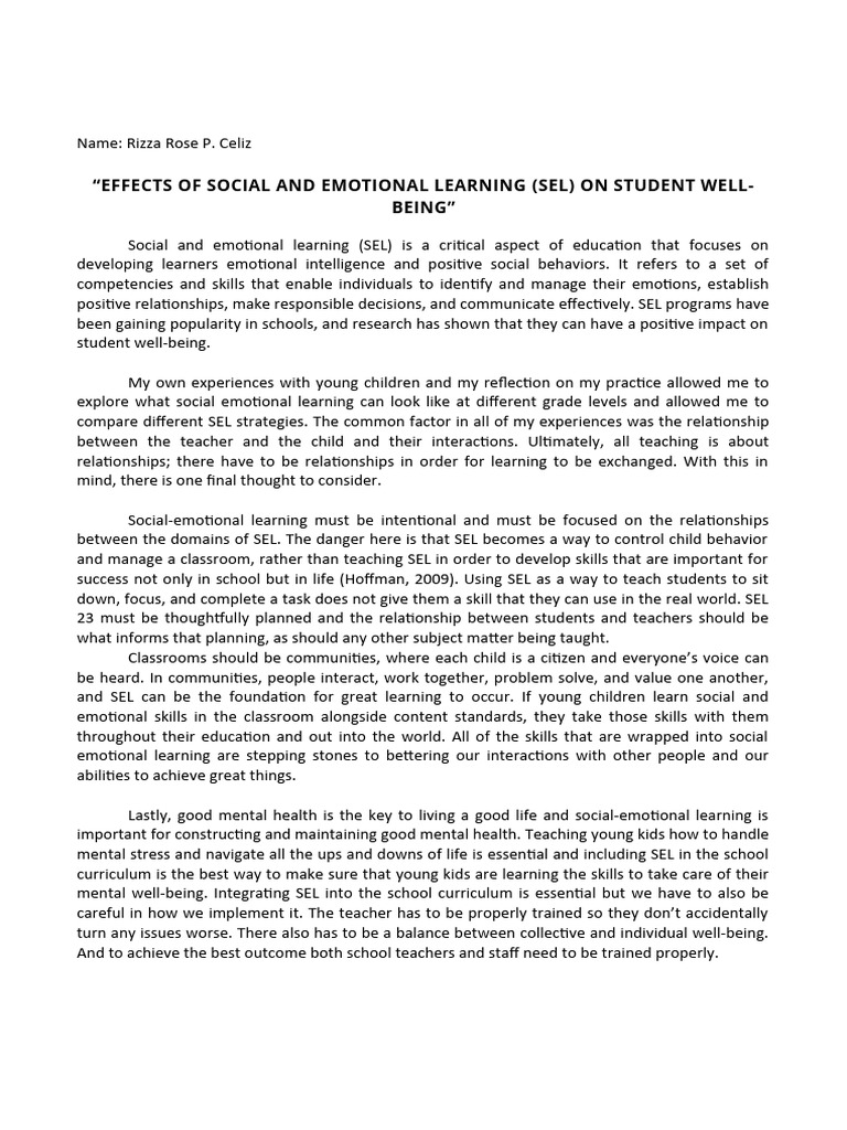 Reflection About The Effect of SEL of Students Well-Being | PDF
