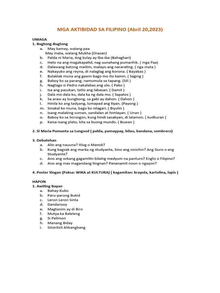 Mga Aktibidad Sa Filipino | PDF
