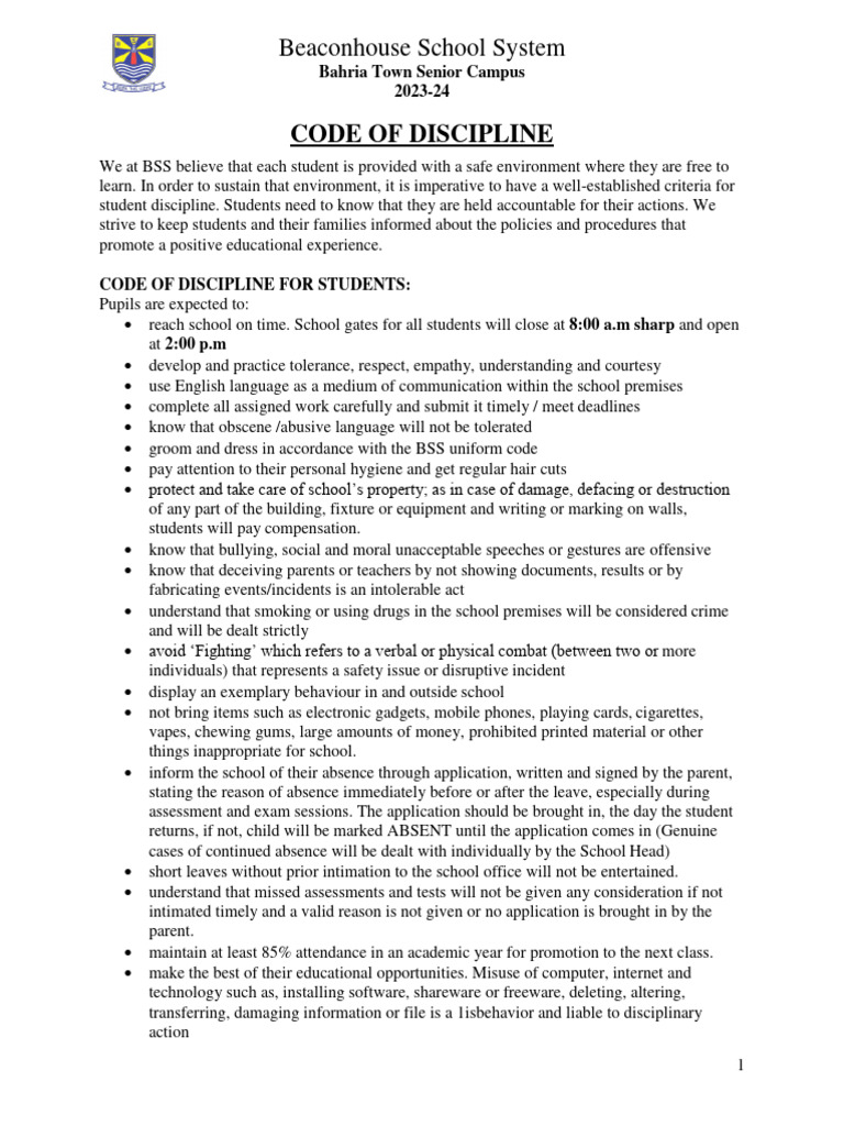 Code of Conduct (Discipline Policy 2023-24 | PDF