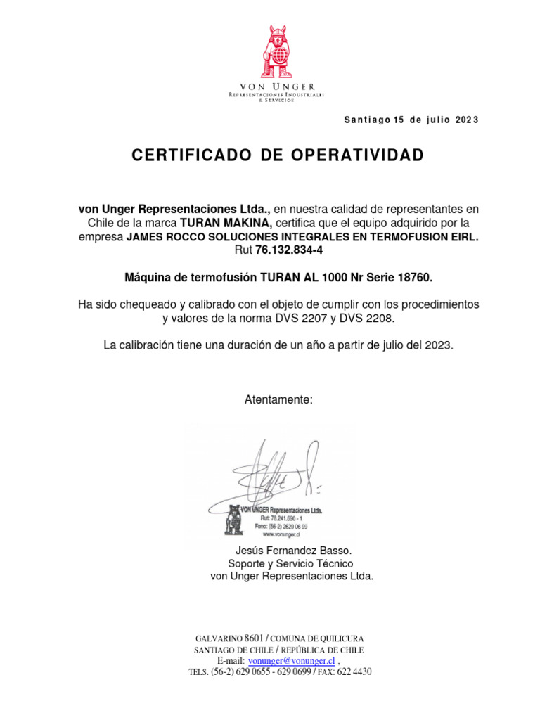 Certificado de Operatividad TURAN AL 1000 | PDF | Ciencia y matemáticas ...
