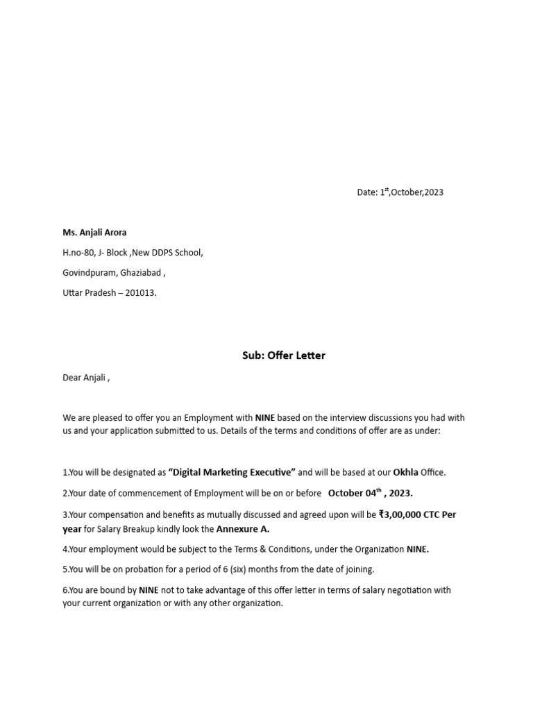 Offer Letter AA | PDF | Economies | Business