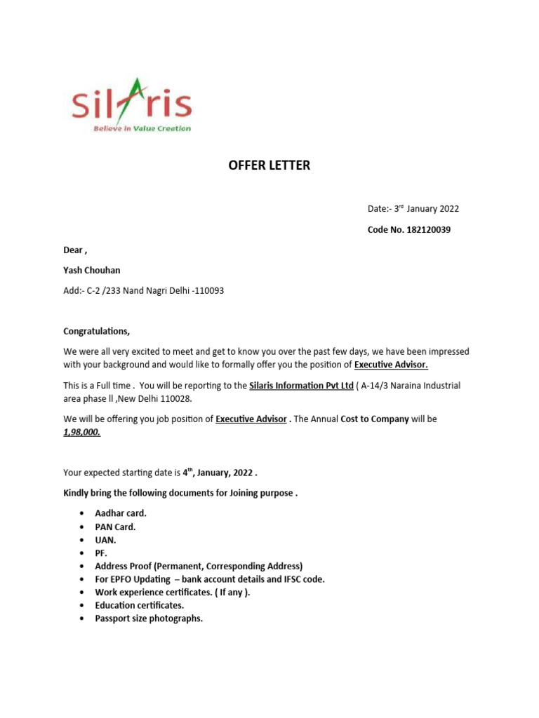 Yash Chouhan Offer Letter | PDF