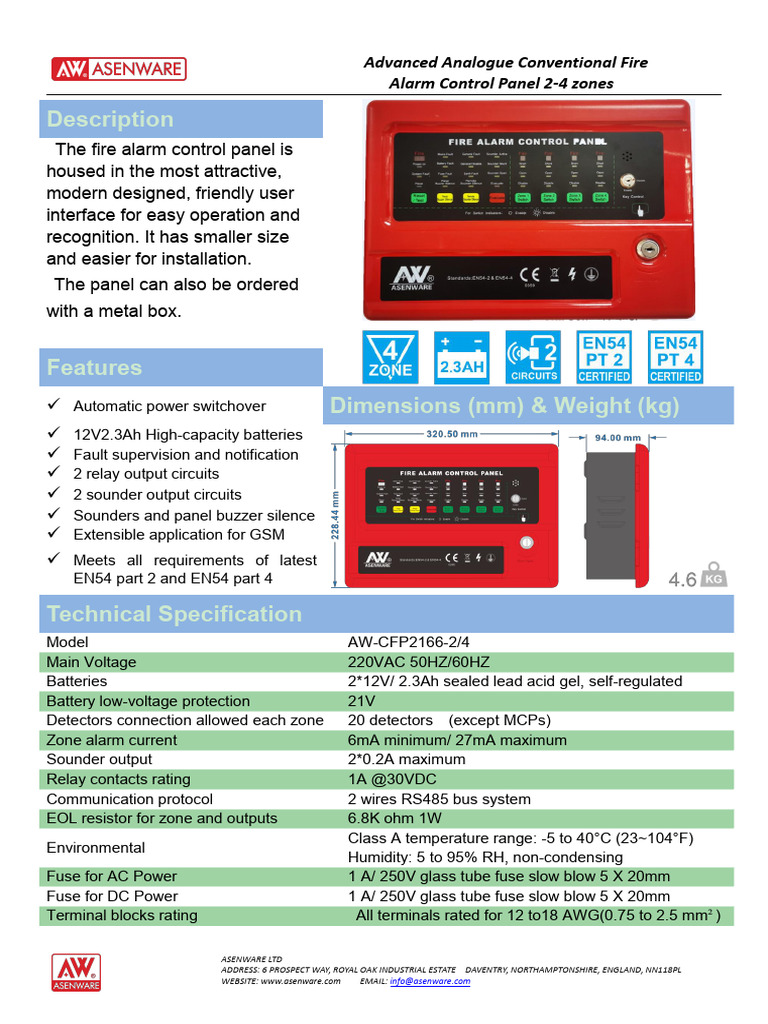 4 Zone Fire Alarm Control Panel Data Sheet_Asenware | PDF