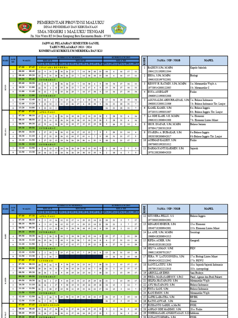 Jadwal Pelajaran Sem. Ganjil 2023-2024 | PDF