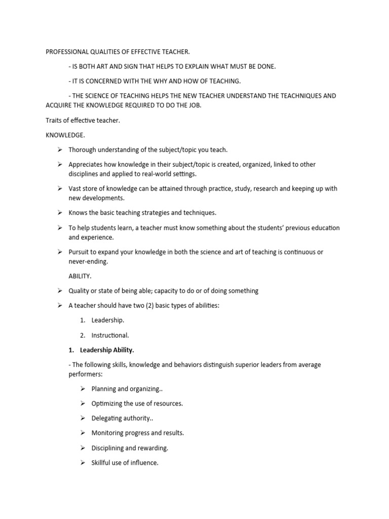 Professional Qualities of Effective Teacher | PDF | Leadership | Knowledge