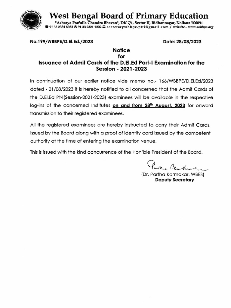 Notice - Issuance of Admit Cards | PDF