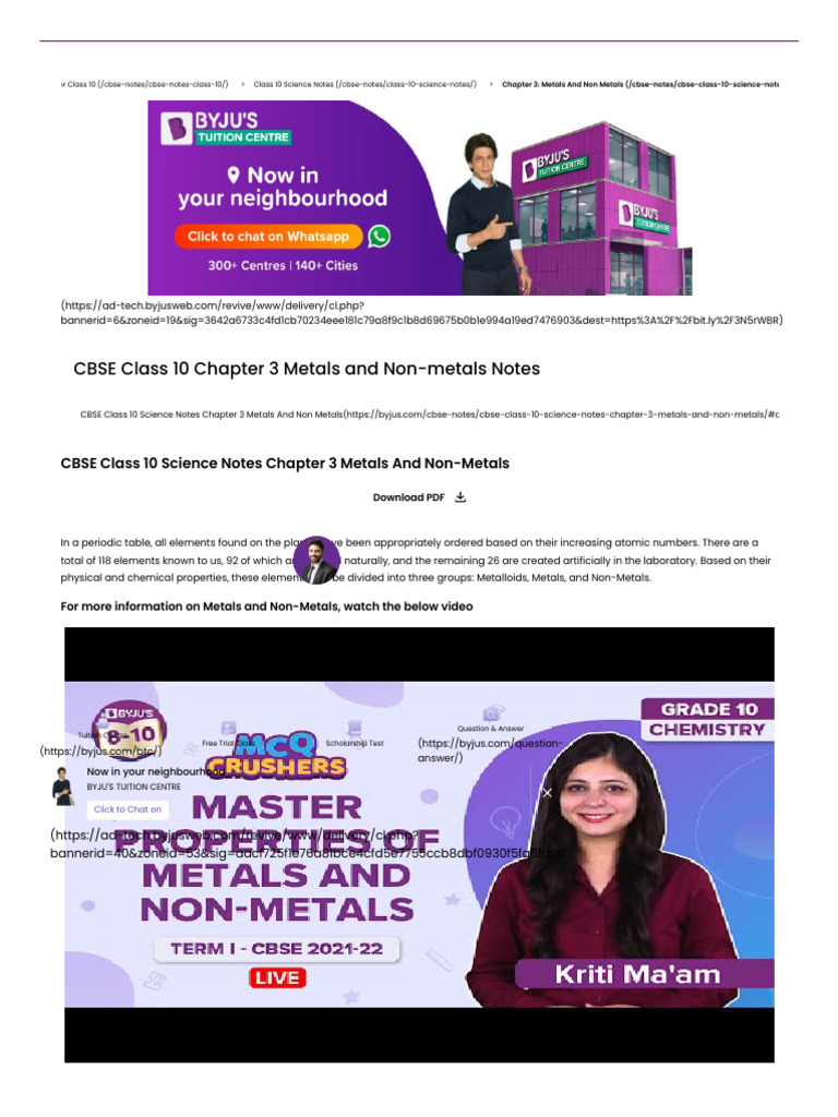 Metals and Non-Metal CBSE Class 10 Chapter 3 Science Notes | PDF | Ion ...