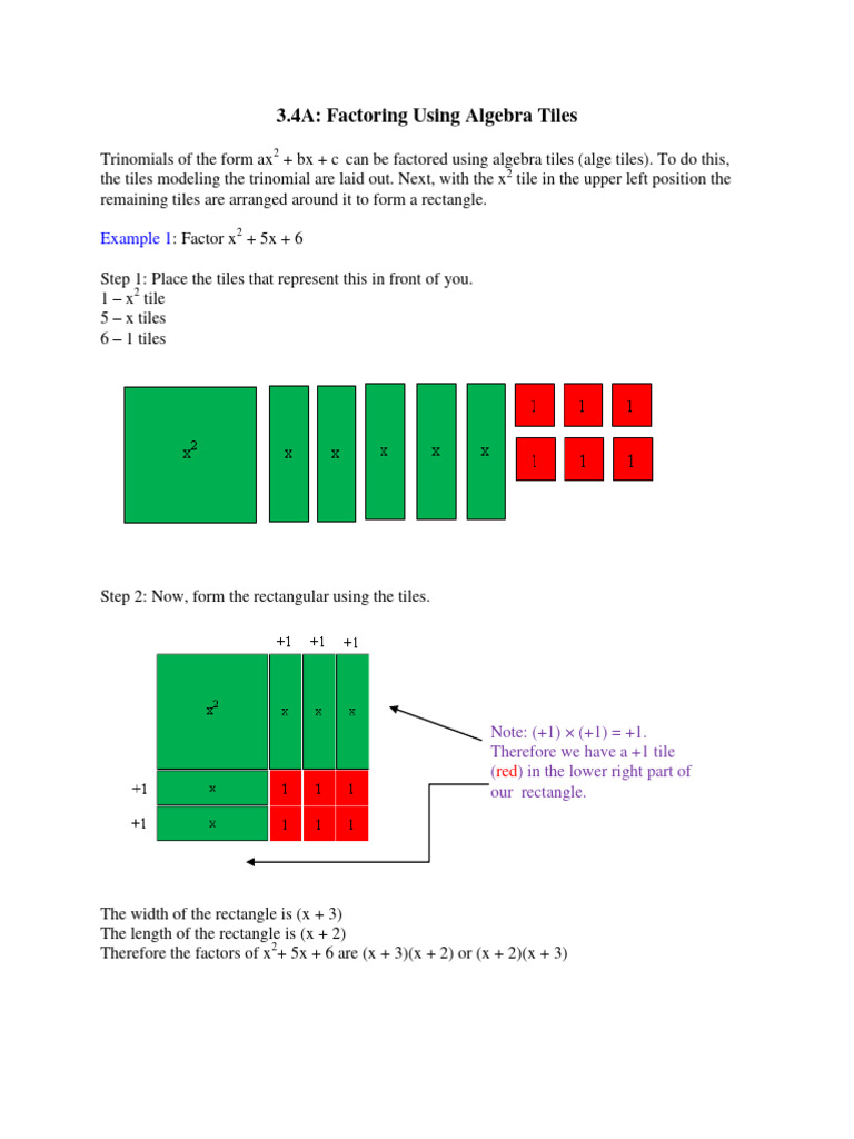 Factoring Simple Trinomails Using Algebra Tiles | PDF