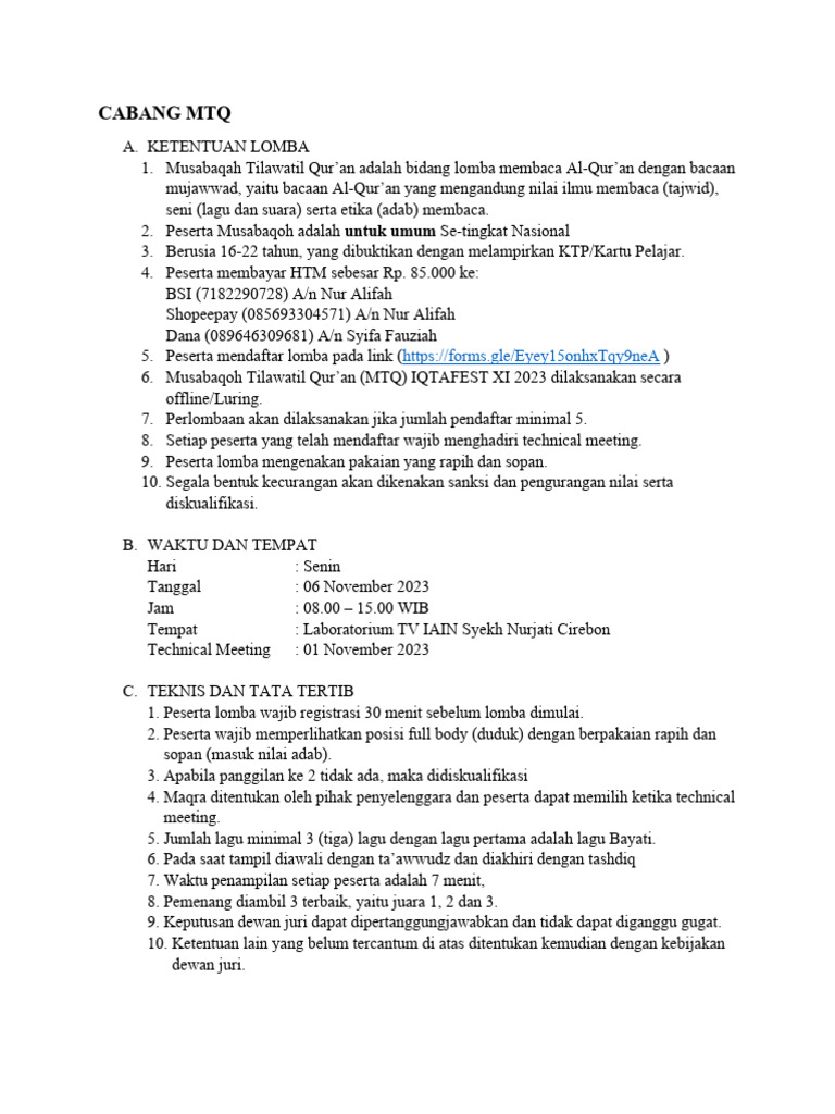 Juklak Juknis MTQ Harlah IAT FIX 2023 | PDF