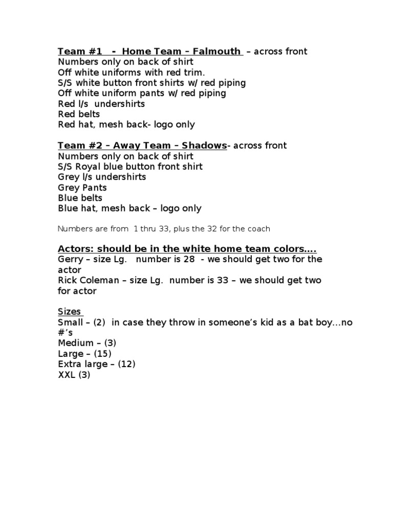 Baseball Team Uniform Details | PDF