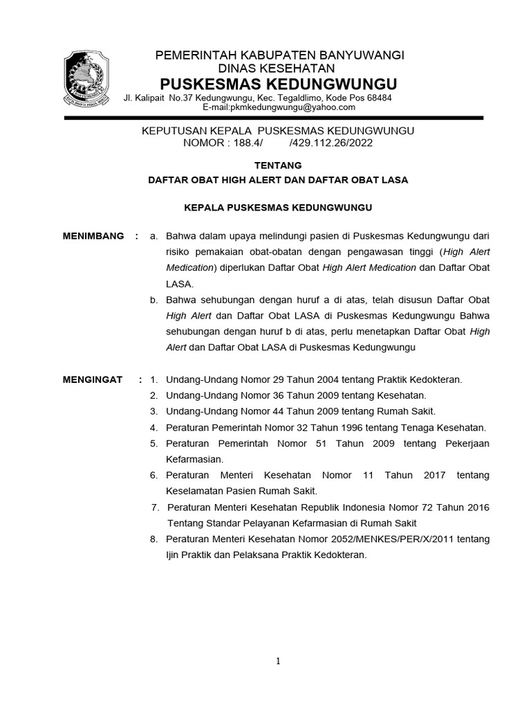 SK Daftar Obat High Alert Dan Daftar Obat Lasa... Ok | PDF
