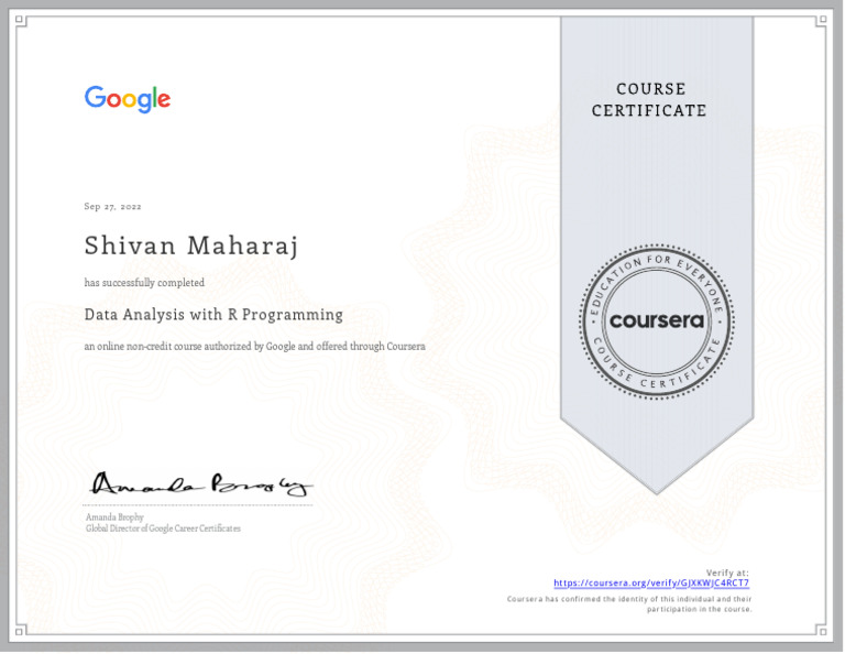 Certificate - Data Analysis With R Programming | PDF