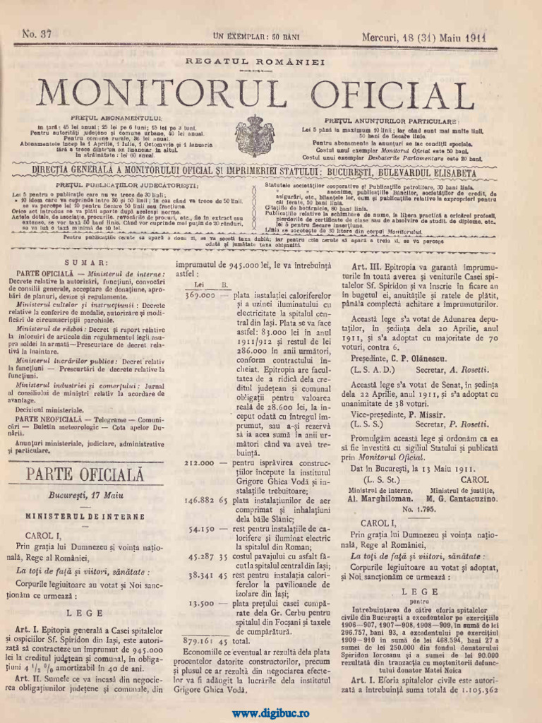 Monitorul Oficial Al României, Nr. 037, 18 Mai 1911 | PDF