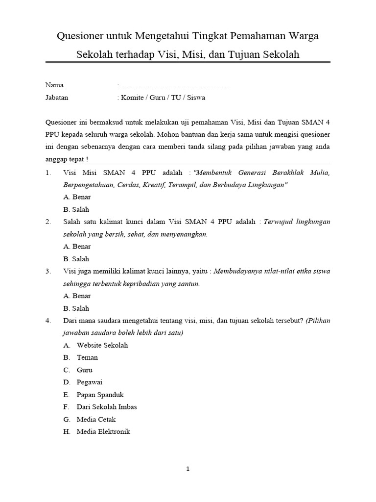 Kuesioner Untuk Mengetahui Tingkat Pemahaman Warga Sekolah Terhadap ...