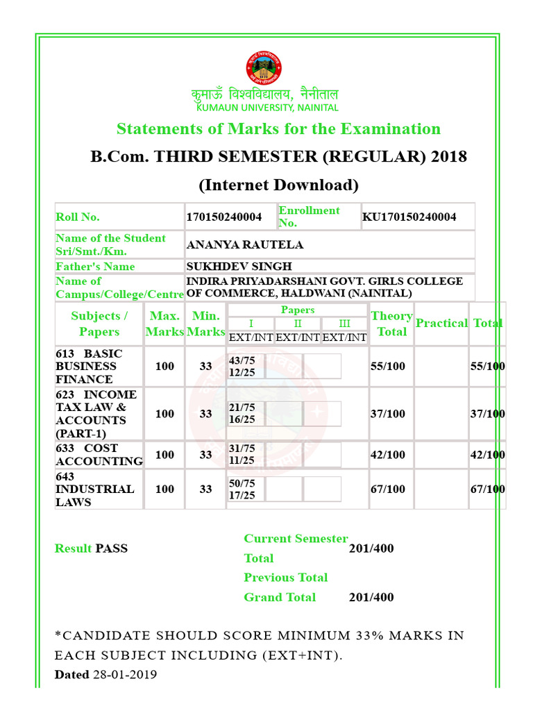 B.Com Third Semester Marks Statement | PDF | Computers | Technology ...