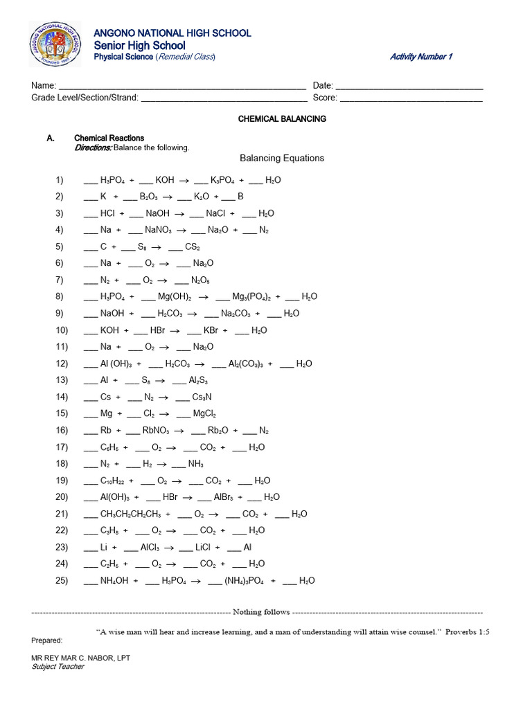 Chemical Balancing Activity for Students | PDF | Teaching Methods ...